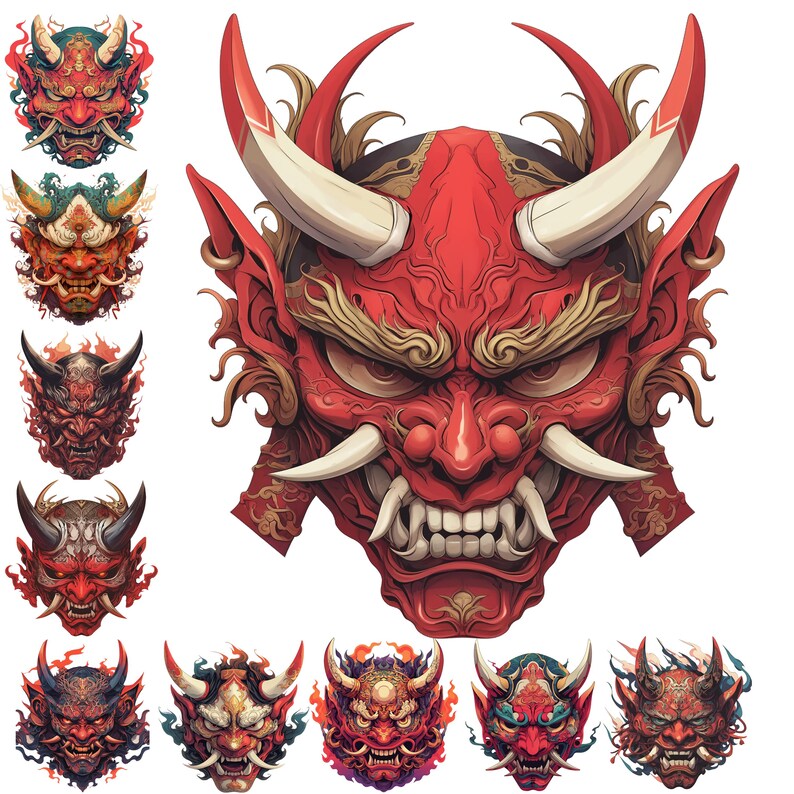 Oni Masks Clipart - 10 PNG Traditional Japanese Mask Illustrations ...