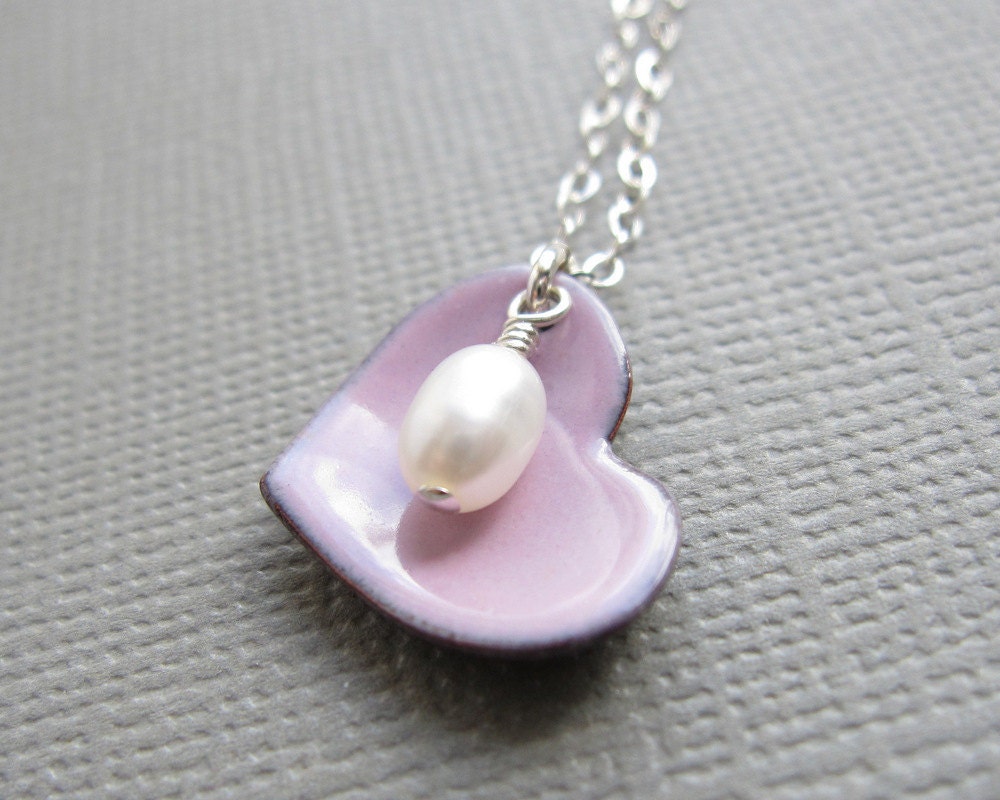 Pink Enamel Heart Necklace Pearl Sterling Silver - Etsy