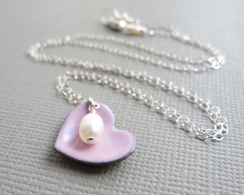 Pink Enamel Heart Necklace Pearl Sterling Silver - Etsy