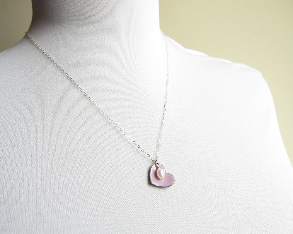 Pink Enamel Heart Necklace Pearl Sterling Silver - Etsy