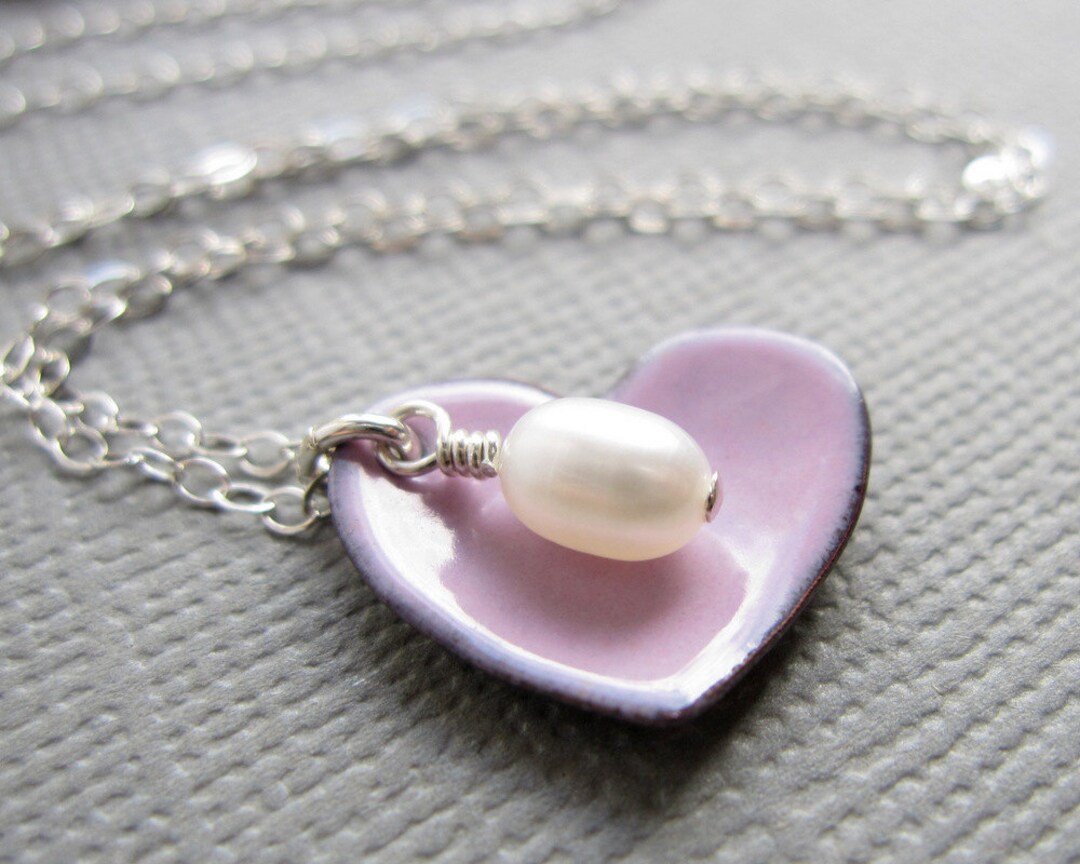 Pink Enamel Heart Necklace Pearl Sterling Silver - Etsy