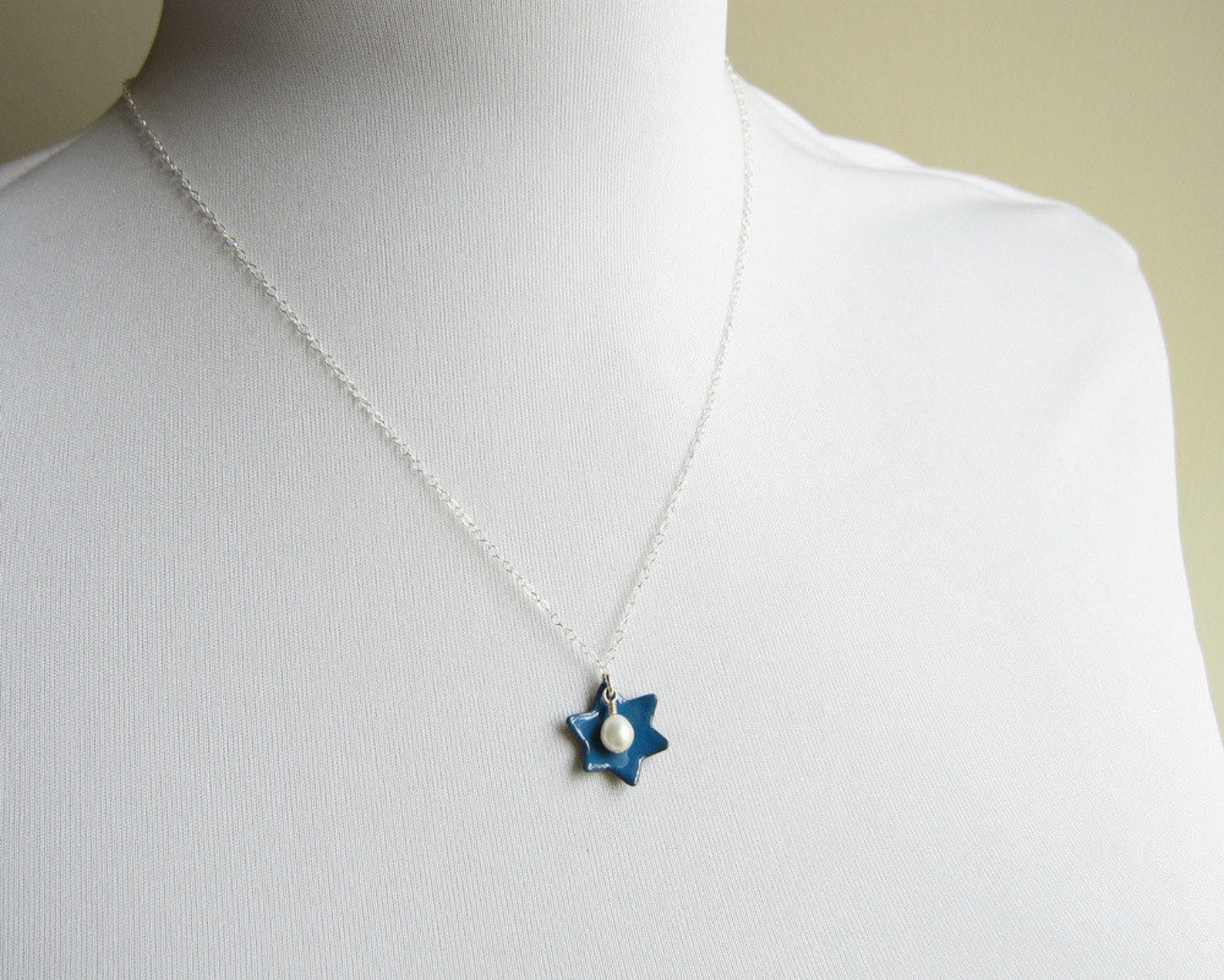 Cobalt Blue Jewish Star of David Necklace Enamel White Pearl | Etsy