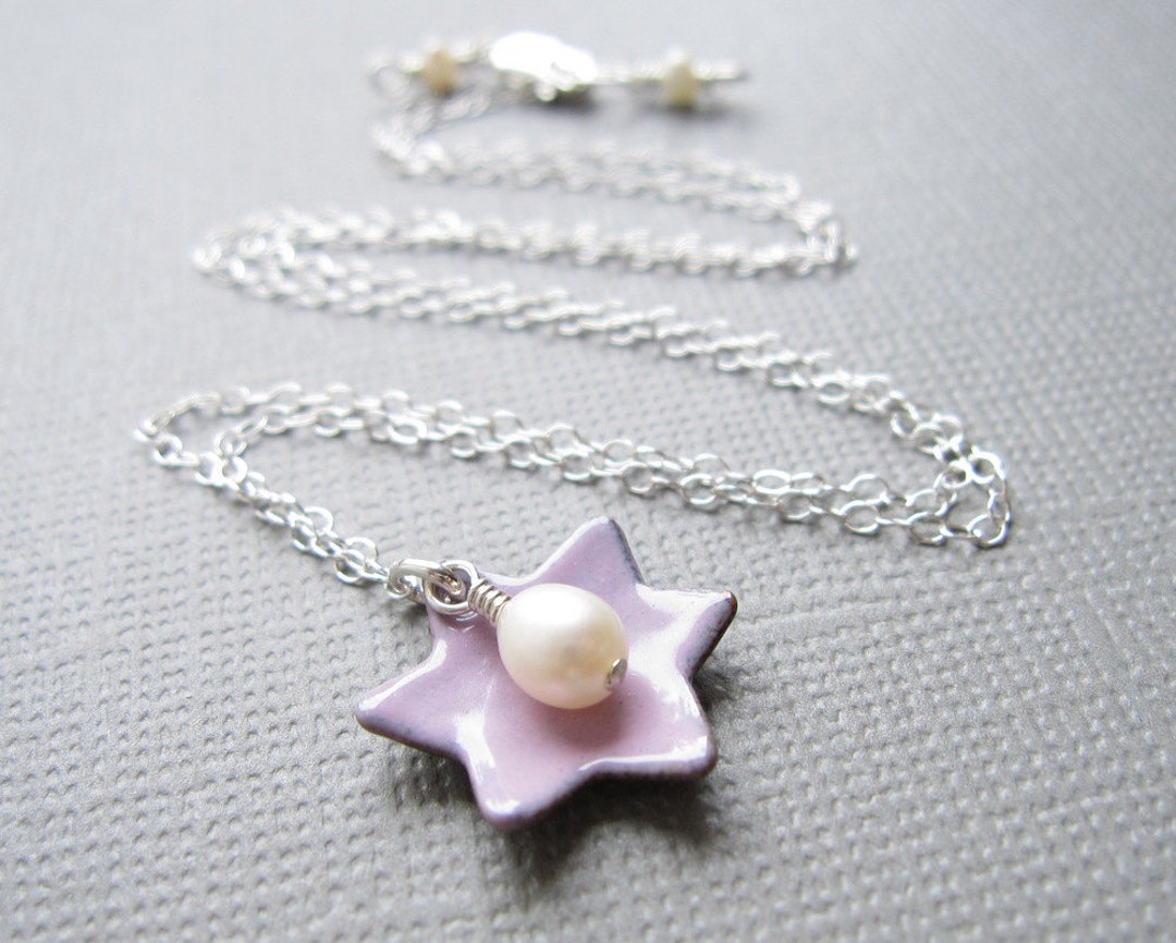 Pink Jewish Star of David Necklace Enamel White Pearl Sterling Silver ...