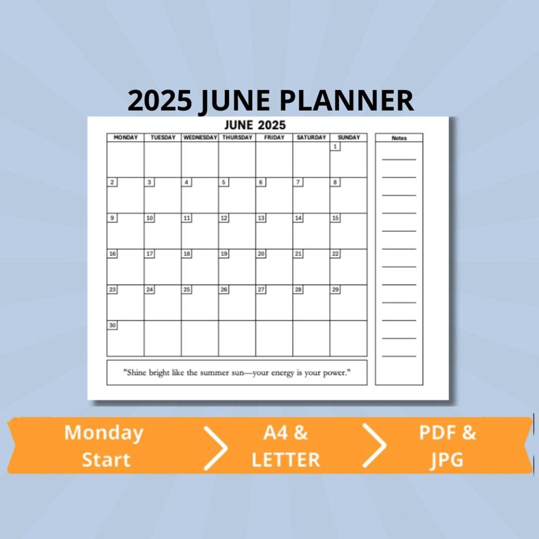 June 2025 Printable Calendar, A4, Letter Monday Start, Download ...