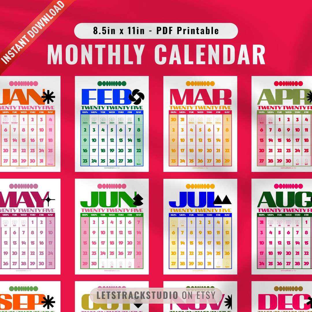 Monthly Printable Calendar | Individual Calendar Monthly Pages | Wall ...