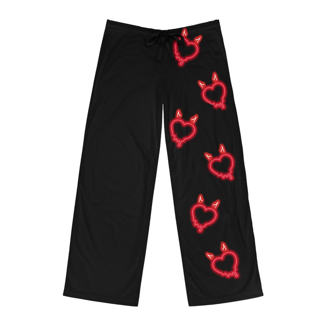 Devil Heart Men's Pajama Pants, Red Satin Lounge Bottoms, Hellish ...