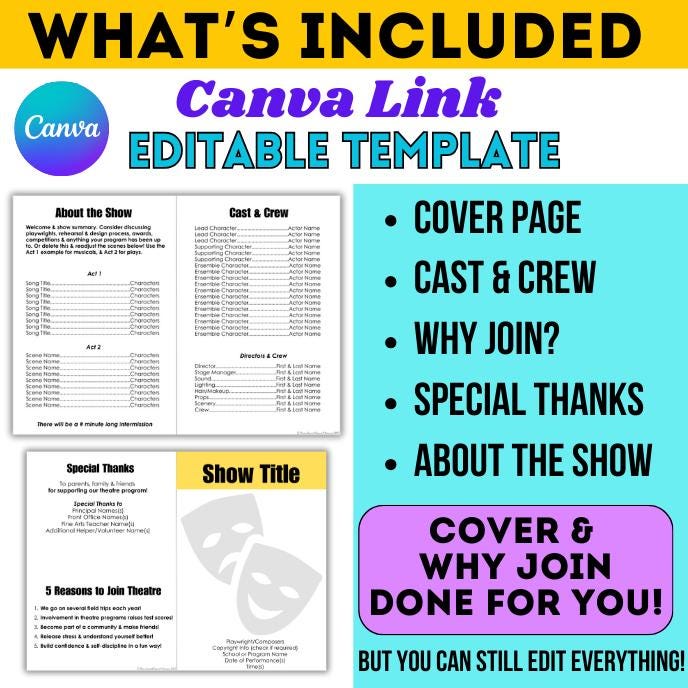 Play & Musical Playbill Template - 4 Page Editable Canva Template ...