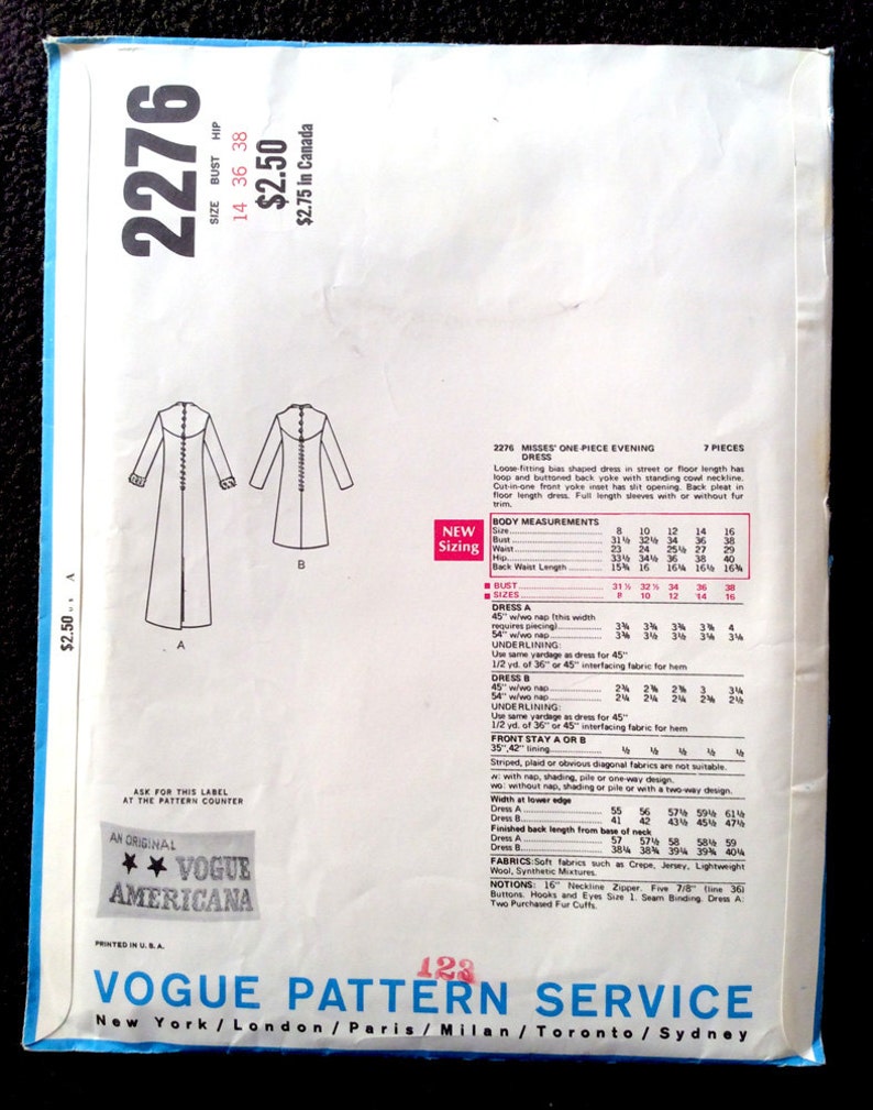 Vintage 1970 Donald Brooks Dress or Gown Vogue 2276 Size 14 B36 - Etsy