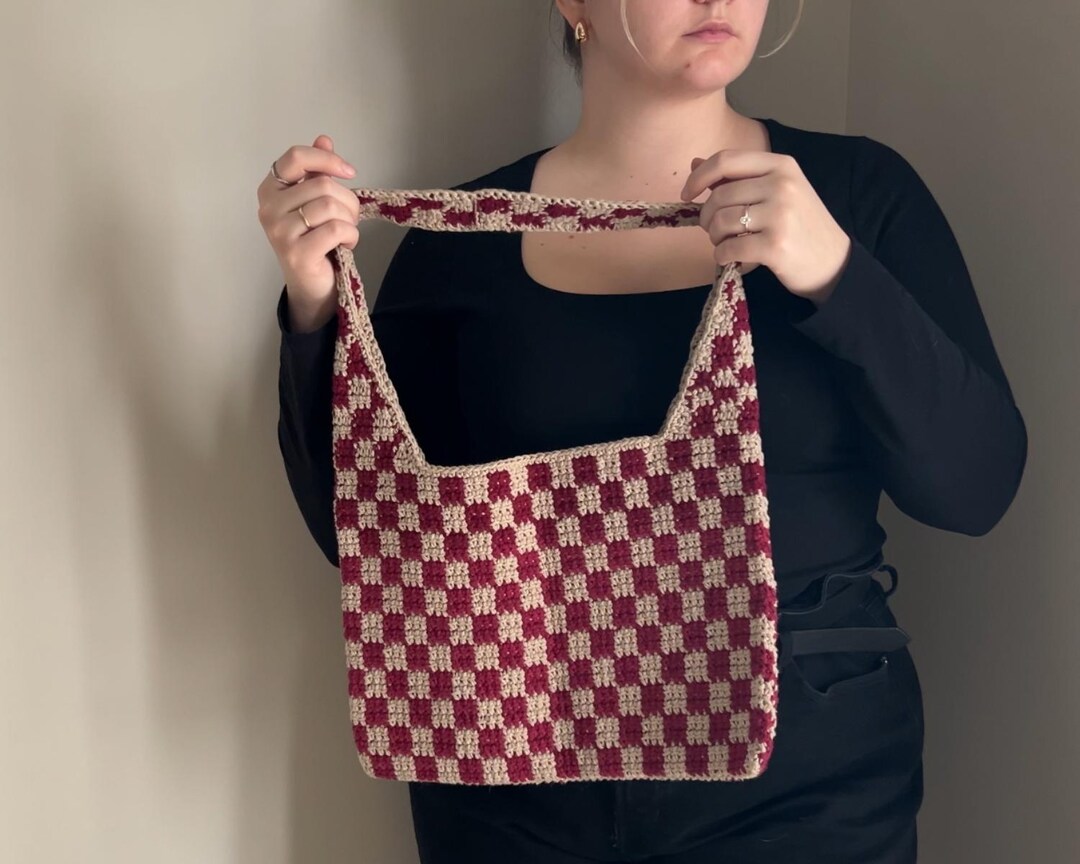 Checkered Crochet Tote Bag - Etsy