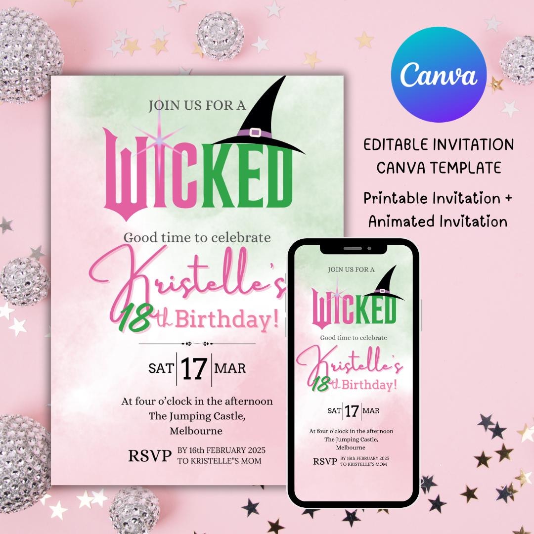 Wicked Theme Birthday Invitation Editable Canva Template Plus Animated ...