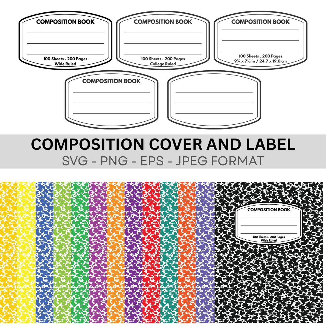 Composition Book Label & Cover SVG Bundle: 5 Designs, 13 Colors - Etsy