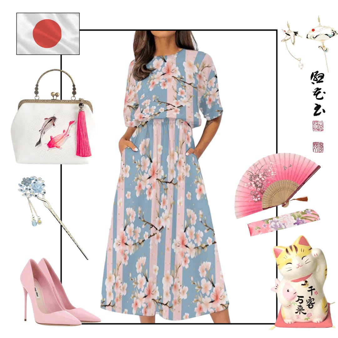 Pink Japanese Cherry Blossom Dress Elastic Waist Dress Modern Casual ...