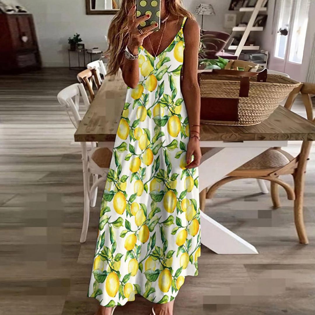 Lemon Summer Slip Maxi Dress: Mediterranean Citrus Print, Lightweight ...