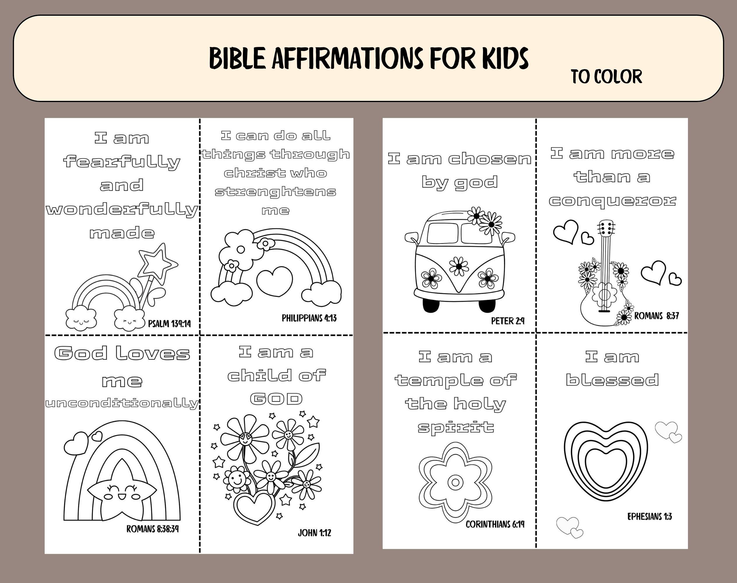 Bible Affirmation Cards for Kids - Printable Coloring Pages - Positive ...