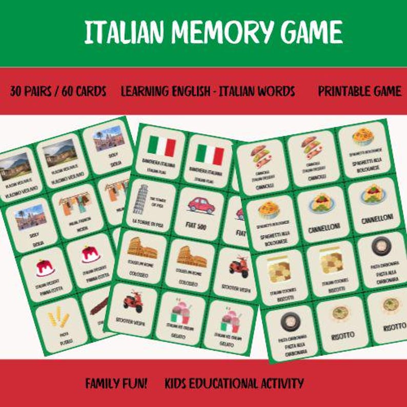 Printable Memory Game Italian Style | Learn English - Italian in a ...