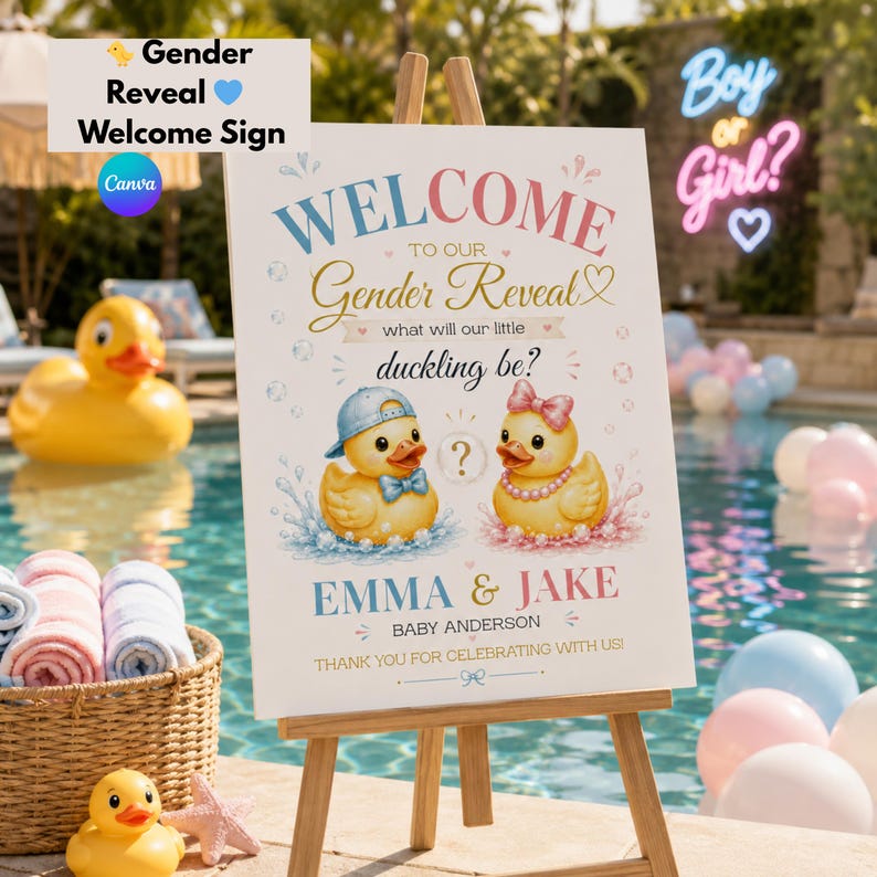 Duck Gender Reveal Welcome Sign Editable Canva Template, Rubber Duck ...