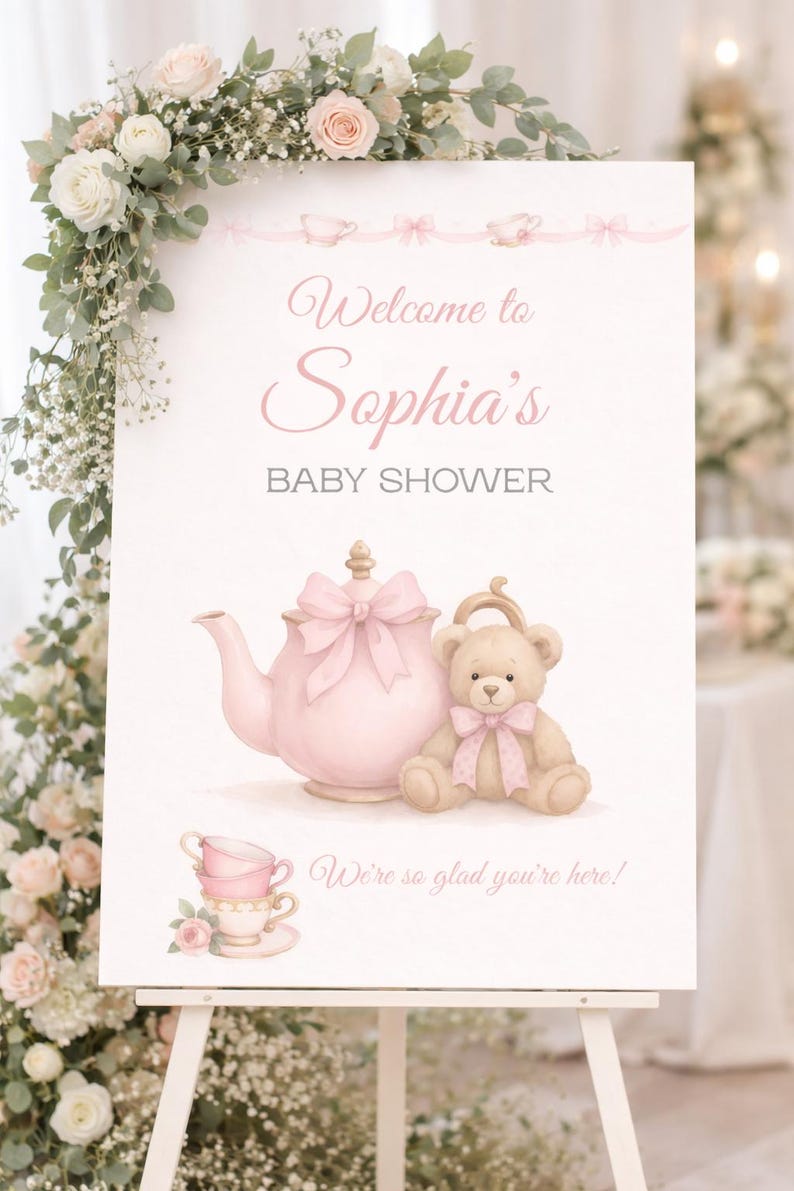Baby Shower Welcome Sign Editable Canva Template Pink Teddy Bear Tea ...