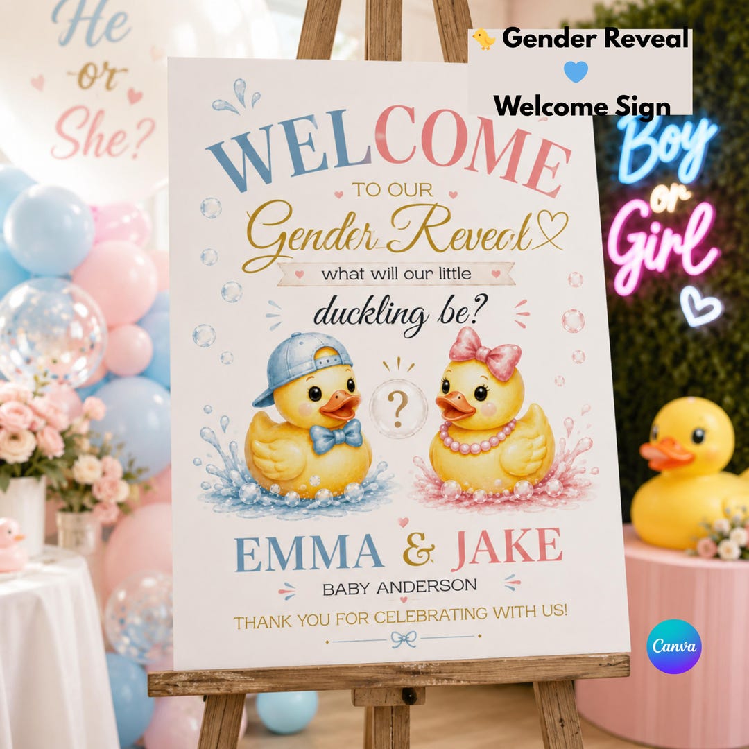 Duck Gender Reveal Welcome Sign Editable Canva Template, Rubber Duck ...