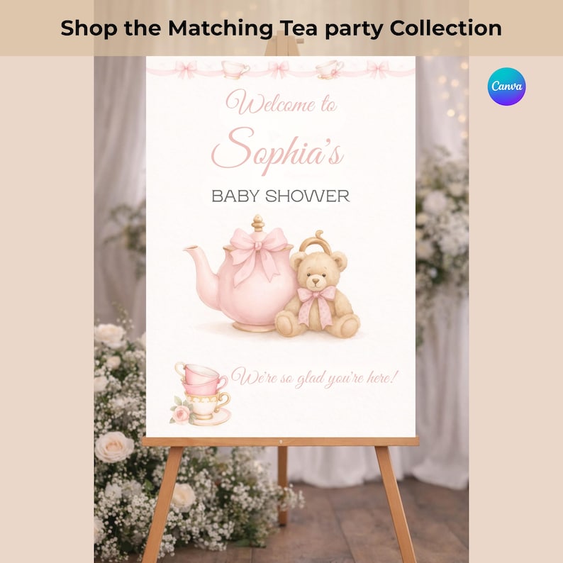 Baby Shower Welcome Sign Editable Canva Template Pink Teddy Bear Tea ...