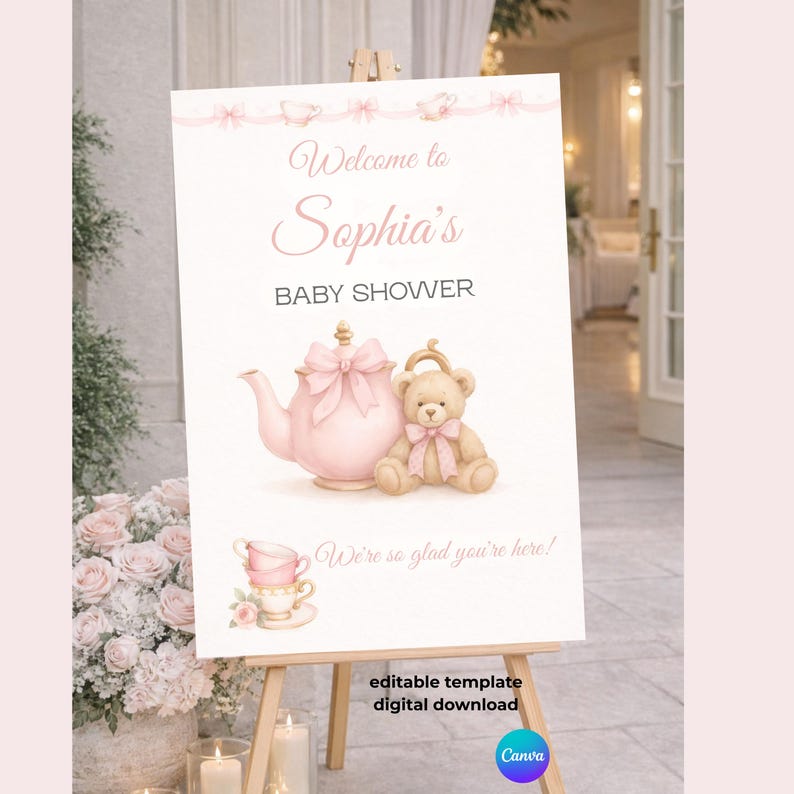 Baby Shower Welcome Sign Editable Canva Template Pink Teddy Bear Tea ...