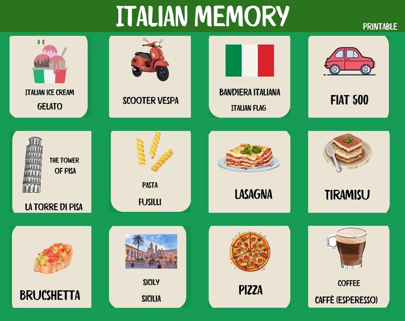 Printable Memory Game Italian Style | Learn English - Italian in a ...