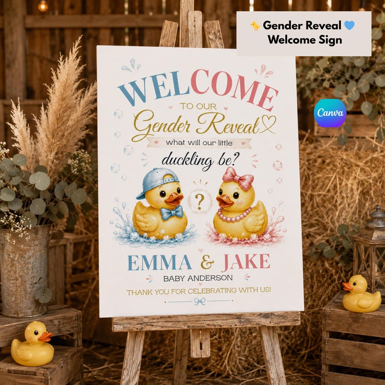 Duck Gender Reveal Welcome Sign Editable Canva Template, Rubber Duck ...
