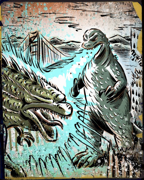 Godzilla japan VS Godzilla USA Art Print Illustration | Etsy