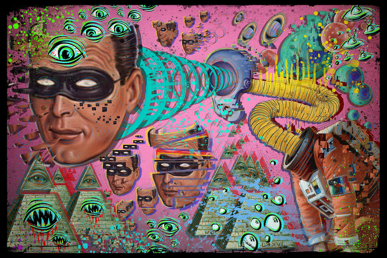 Illuminati Man Collage Art Print UFO Third Eye Pyramid Astronaut Space ...