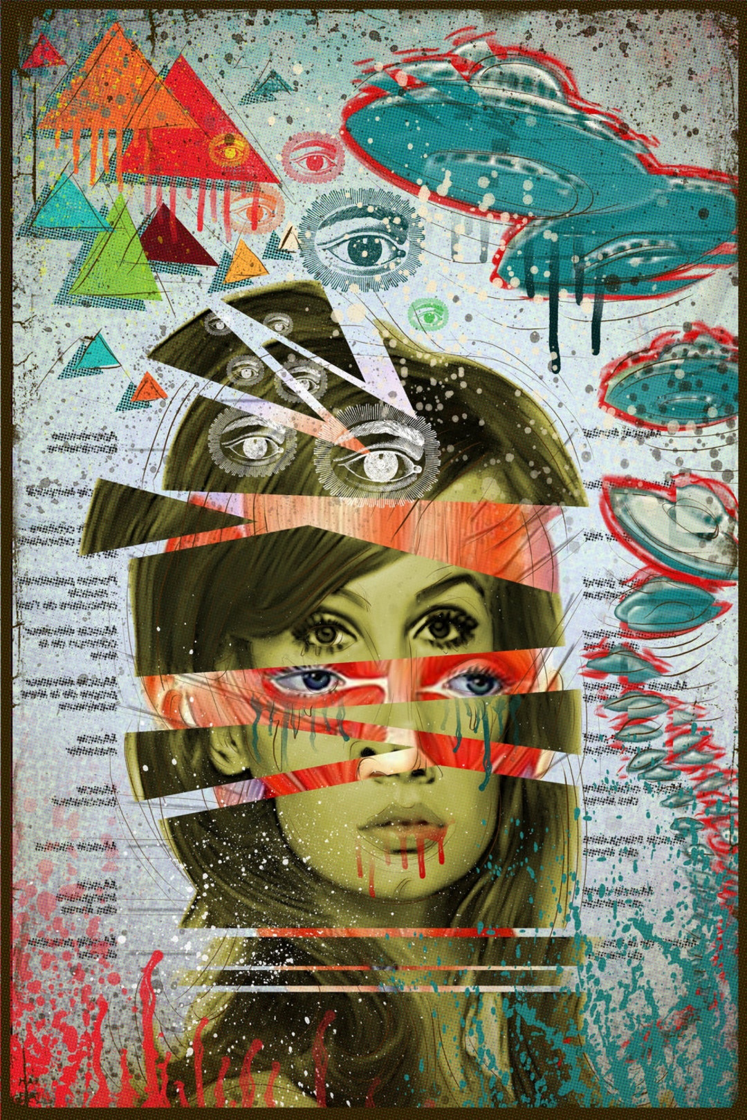 Girl Face Collage Art Print UFO Illuminati Flying Saucer Portrait ...