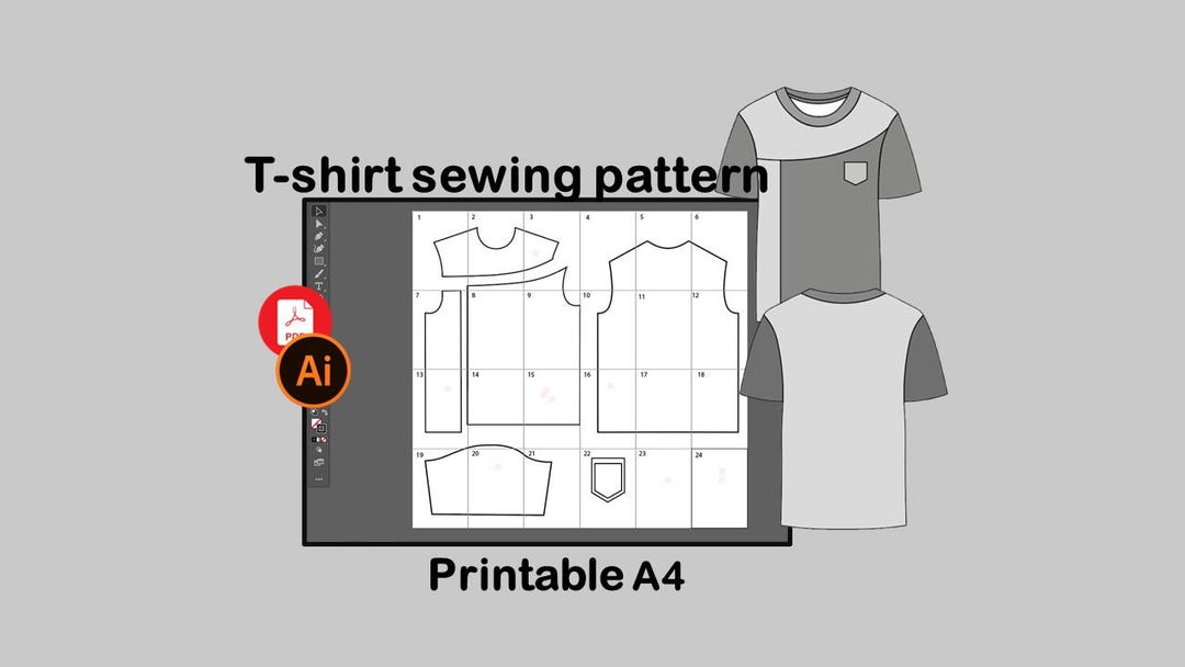 T-shirt Sewing Pattern + Tech Flat Drawing PFD,AI ( Editable and ...