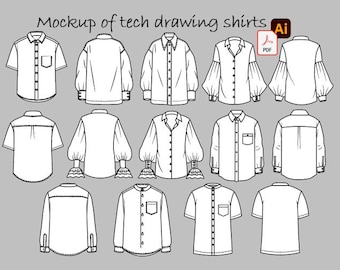 Tech Drawing Shirts Mockup | Digital Fashion Flats | AI & PDF Vector ...