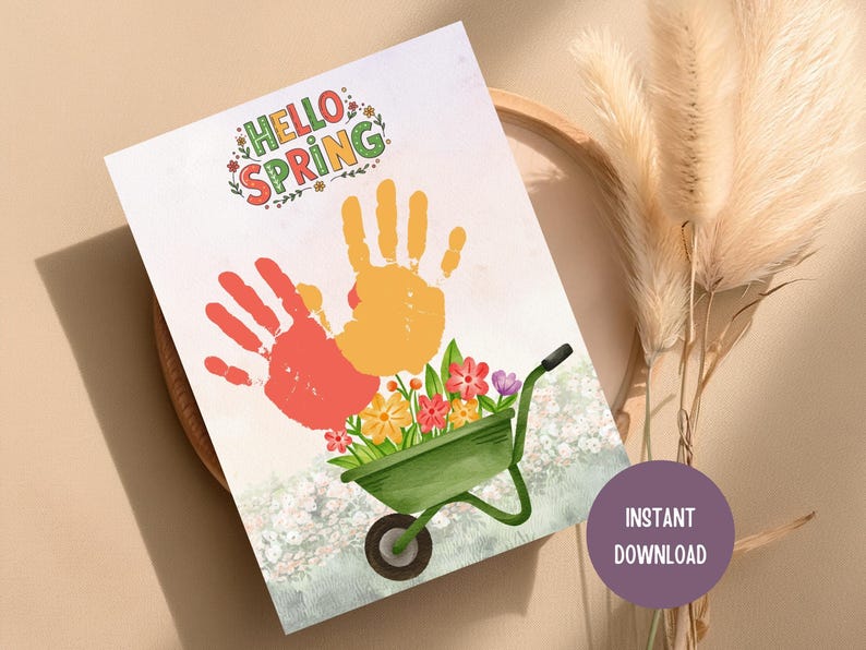 Hello Spring Handprint Craft for Kids, Flower Handprint Art Printable ...