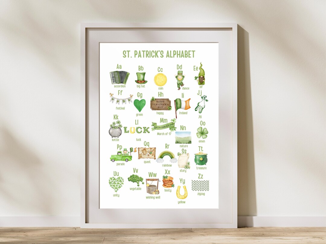 St. Patrick's Day Alphabet Poster: Shamrock ABC Watercolor Art (digital ...