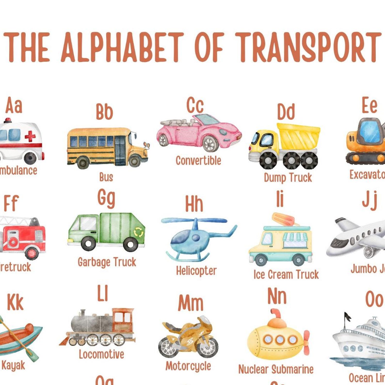 Transport ABC Poster Educational Alphabet Wall Art Kids Learning Print ...