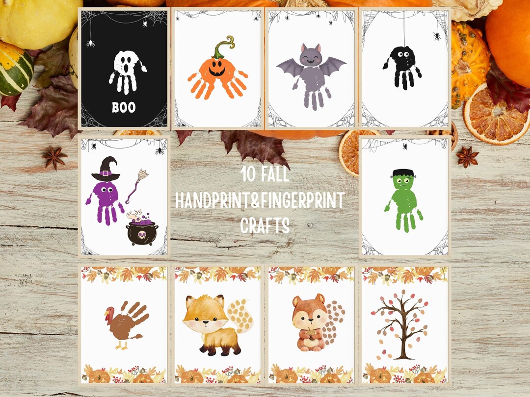 Fall Handprint Craft Bundle – 10 Printable Thanksgiving & Halloween ...
