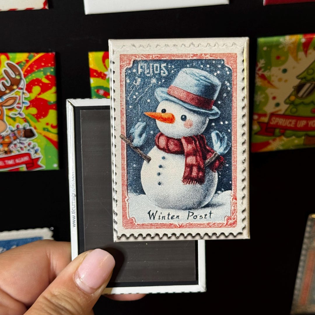 Vintage Snowman Stamp Magnet | Winter Post Christmas Magnet | Rustic ...