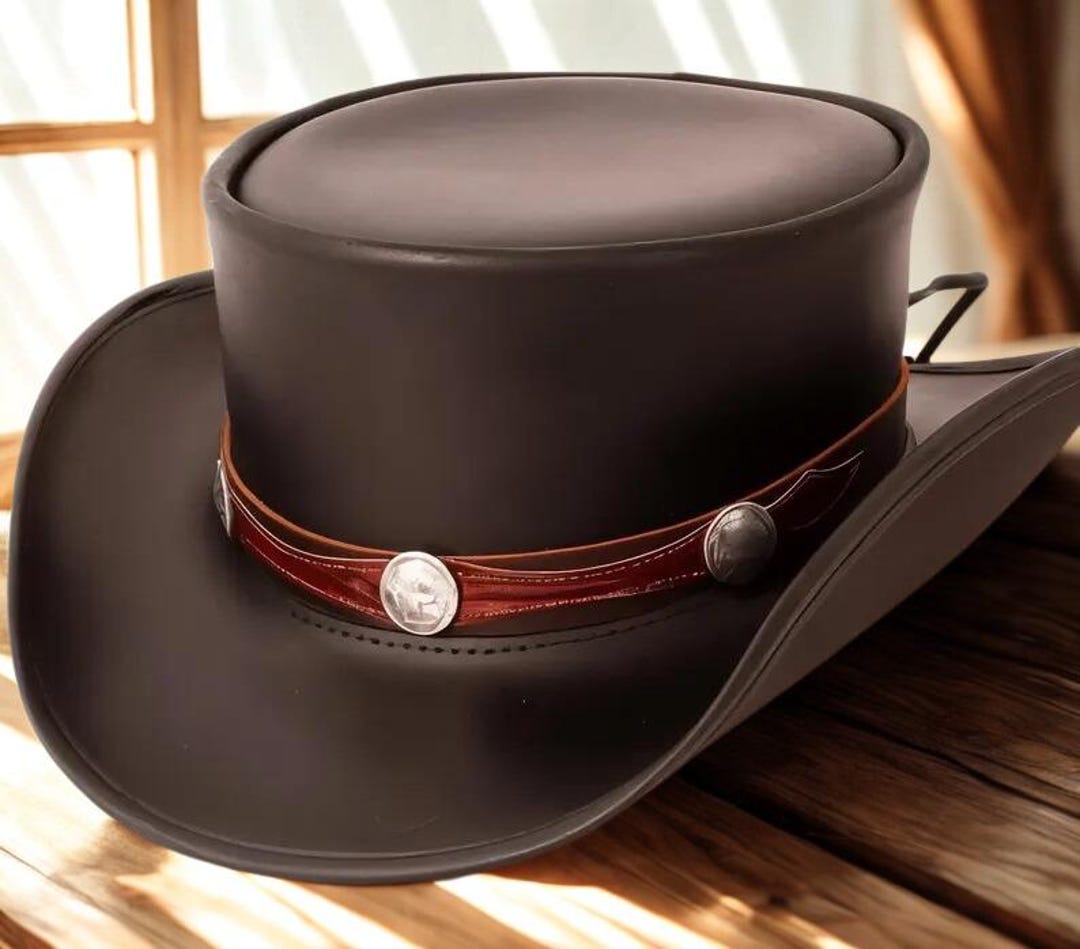Handmade Black Leather Steampunk Top Hat With Brown Band and Silver ...