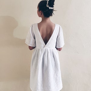 Linen Girls Dress Crisp White Dress. 100% Linen Flower Girl V-back Aurora Girls Dress Puff ...