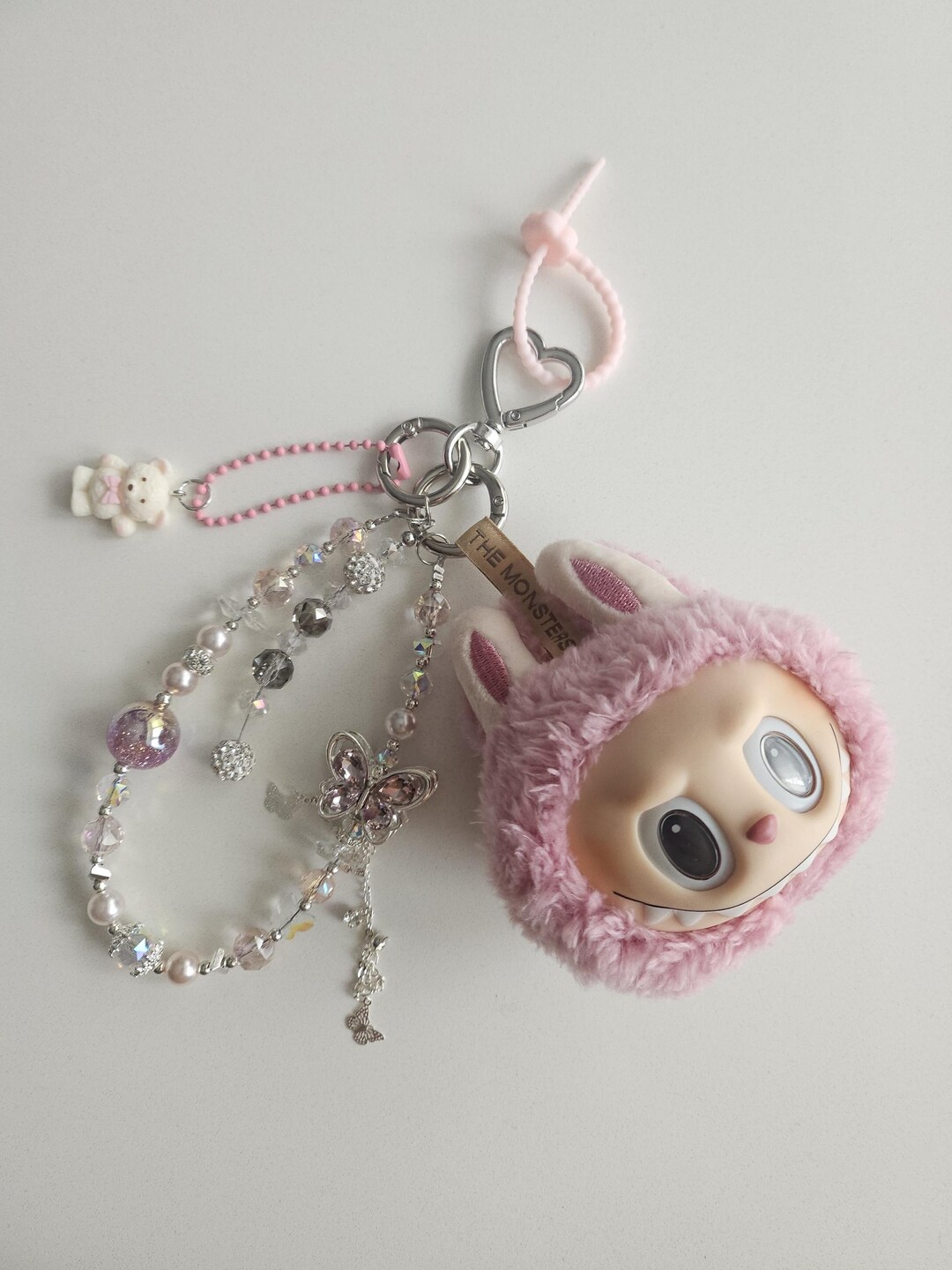 Kawaii Labubu Plush Head Beaded Keychain, Bag Charm With Sparkling ...