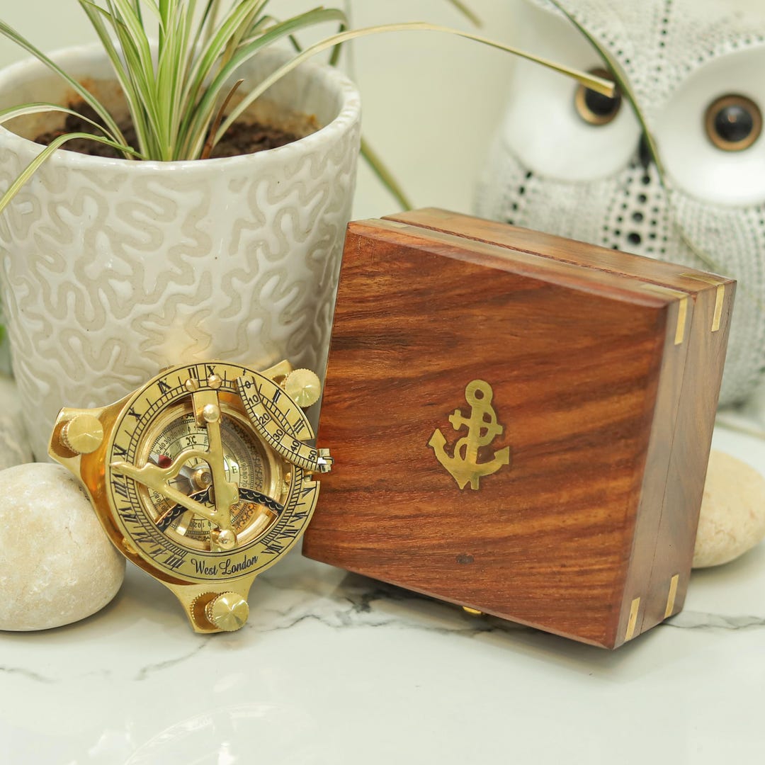 Personalized Brass Sundial Compass With Rosewood Box | Engraved ...
