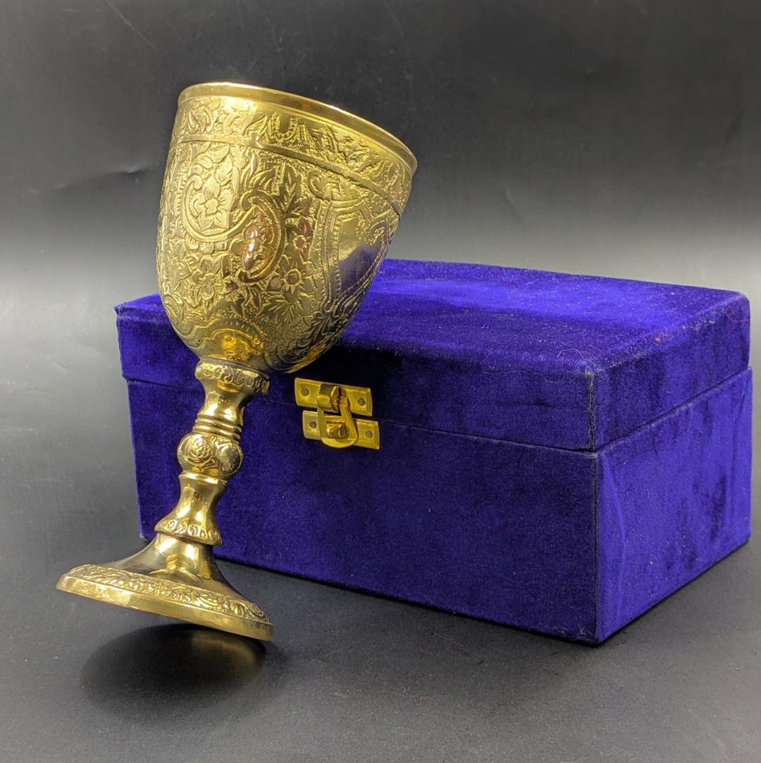 Engraved Brass Chalice Goblet, Religious Altar Decor With Blue Velvet ...