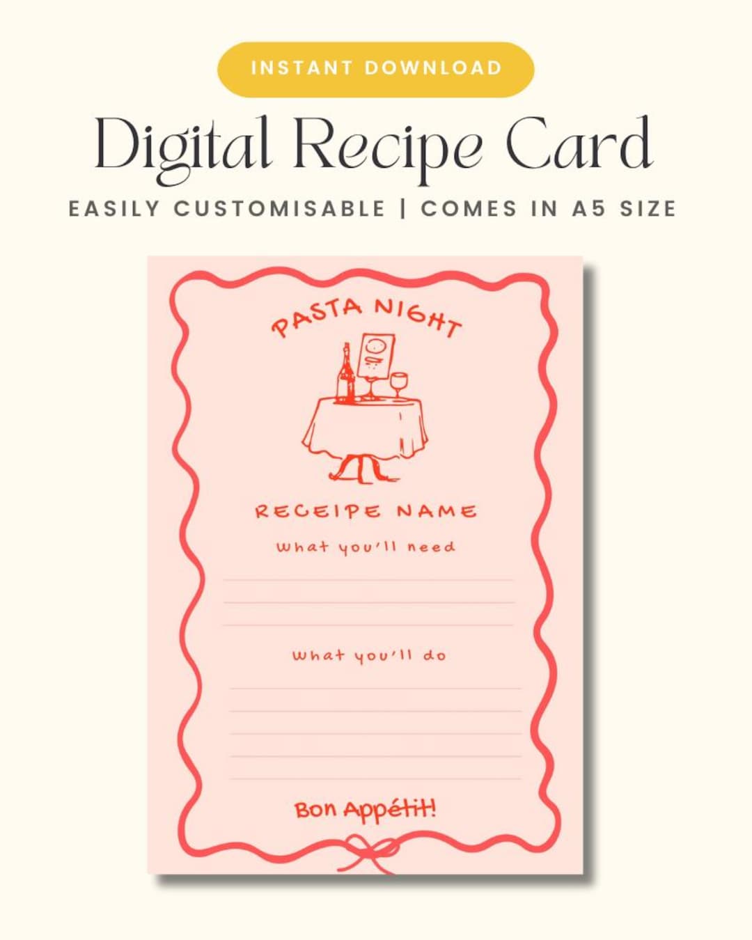 Italian Pasta Night Recipe Card Template Simple Recipe Card CANVA ...