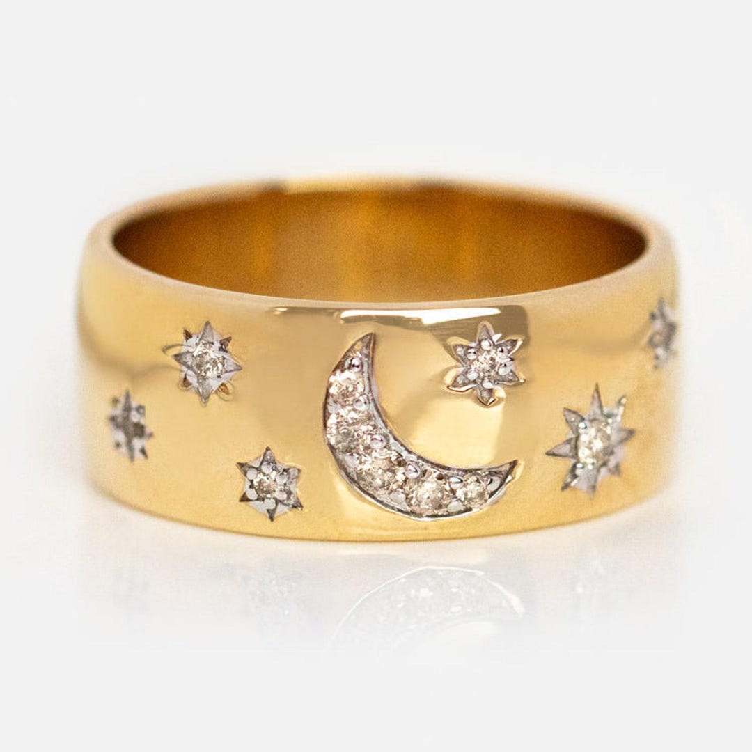 18K Gold Diamond Night Sky Cigar Band, Diamonds Moon and Stars Wedding ...