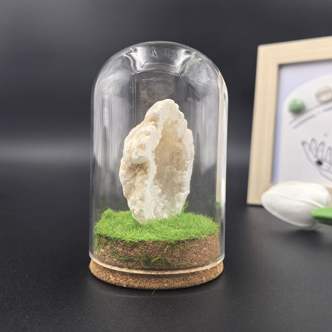 Natural Pyrite/ Geode Ornament in Glass Dome, White Crystal Geode/ Fool ...