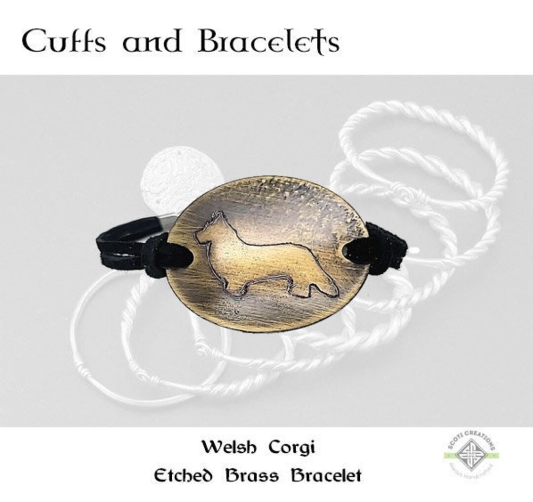 Welsh Corgi Etched Brass Bracelet With Black Suede Bands, Celtic Symbol ...