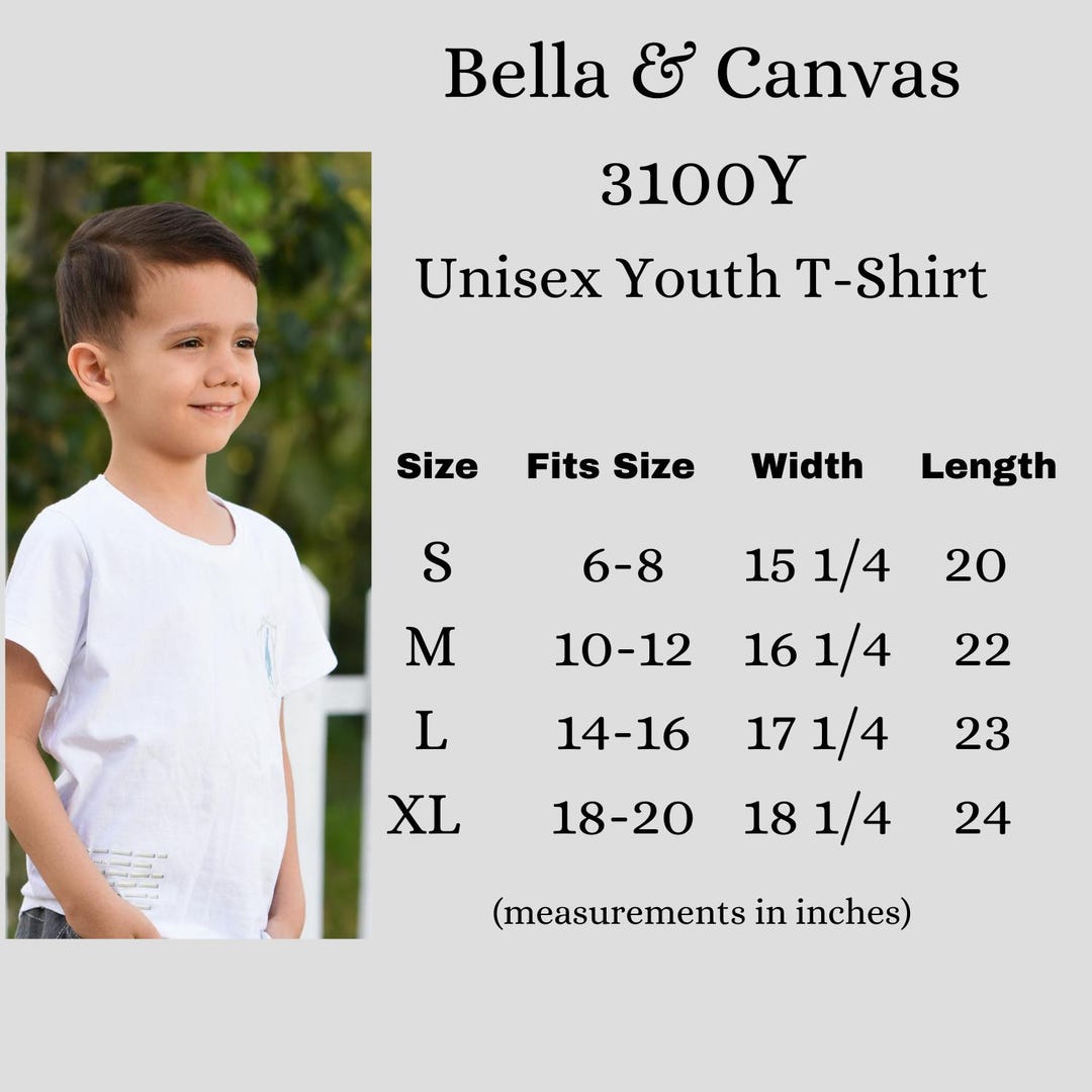 Bella Canvas 3001Y Youth Size Chart BC 3001Y Kids Size Chart Mockup ...