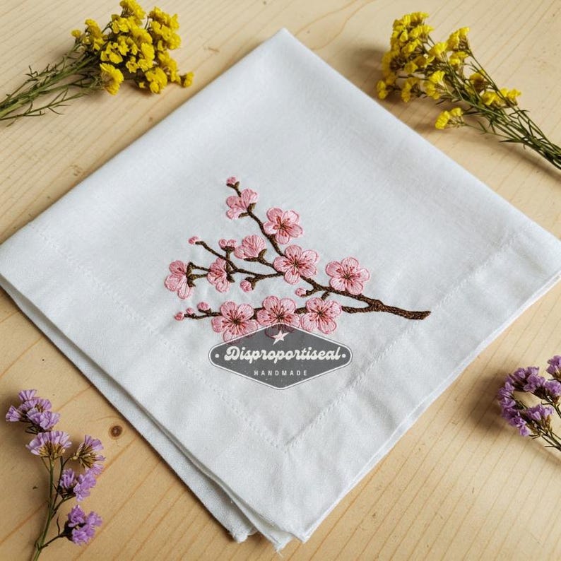 Cherry Blossom Hand Embroidered Linen Handkerchief Flower Embroidered ...