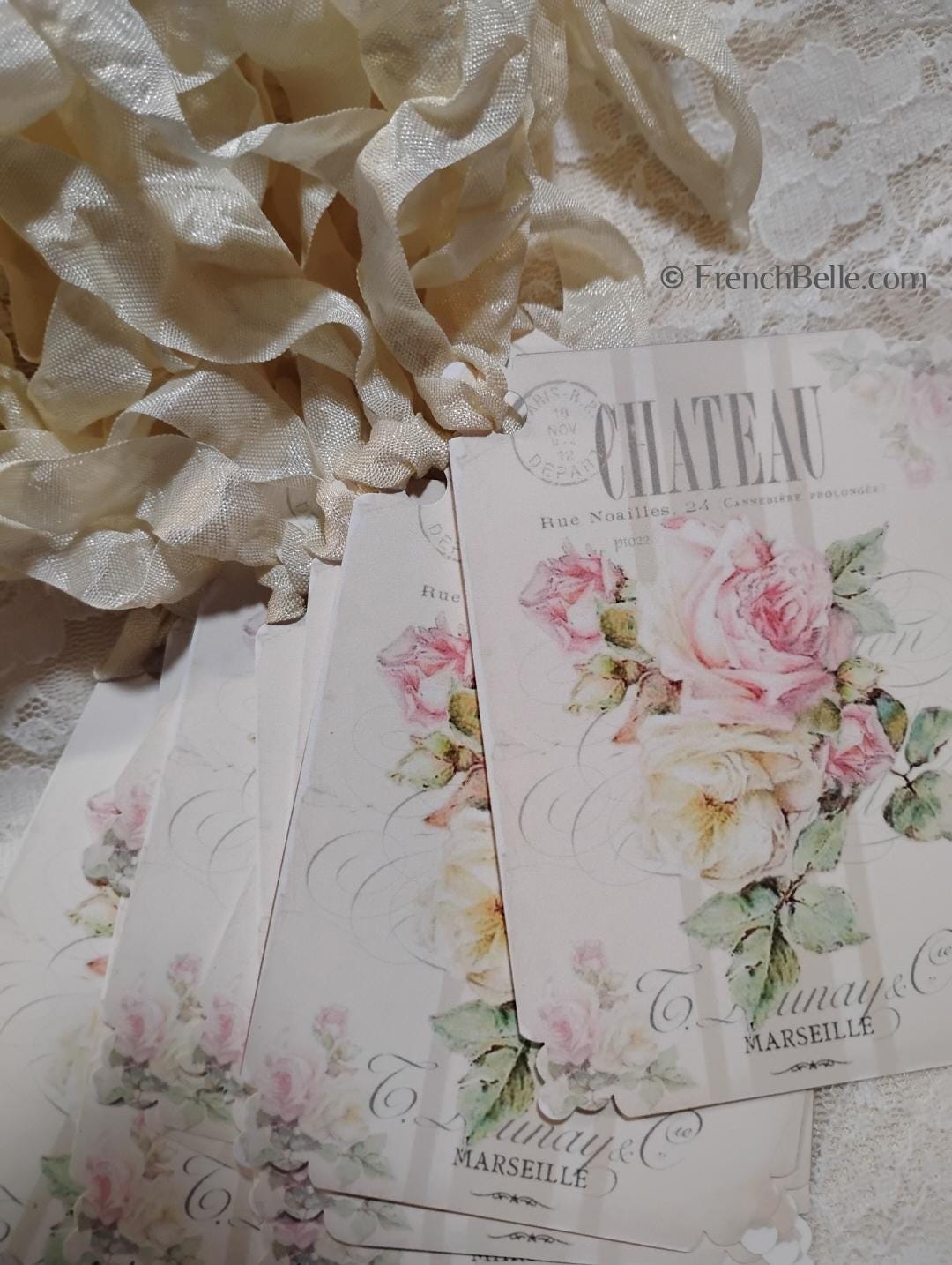 French Chateau Gift Tags Set, French Script, Pink Roses Yellow Paris ...