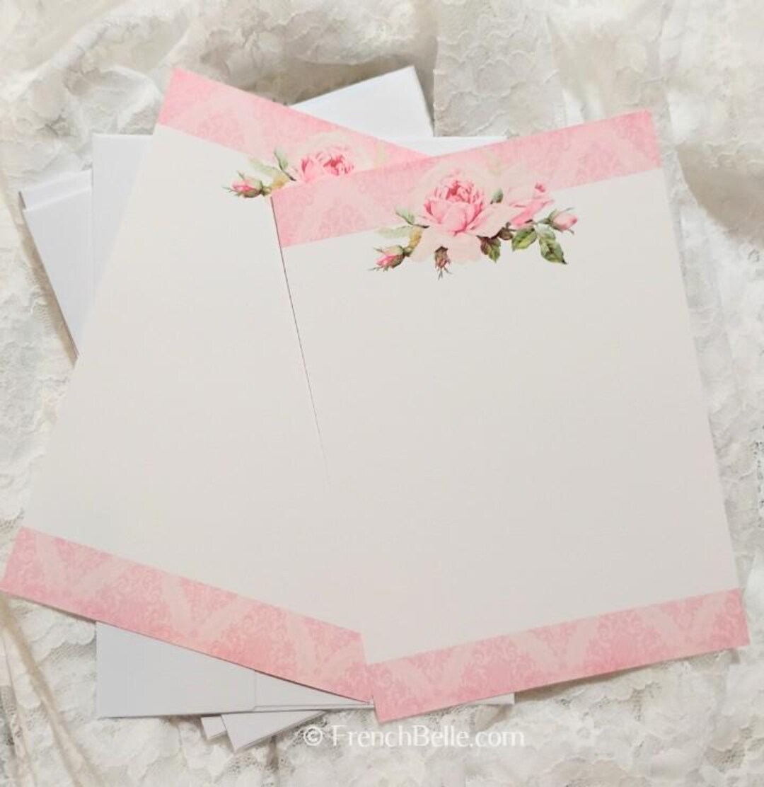 Pink Roses Stationary Set With Envelopes, French Pink Damask Paper ...