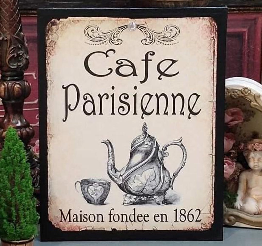 Paris Cafe Sign : French Kitchen Decor, Vintage Coffee Shop Sign Teapot ...